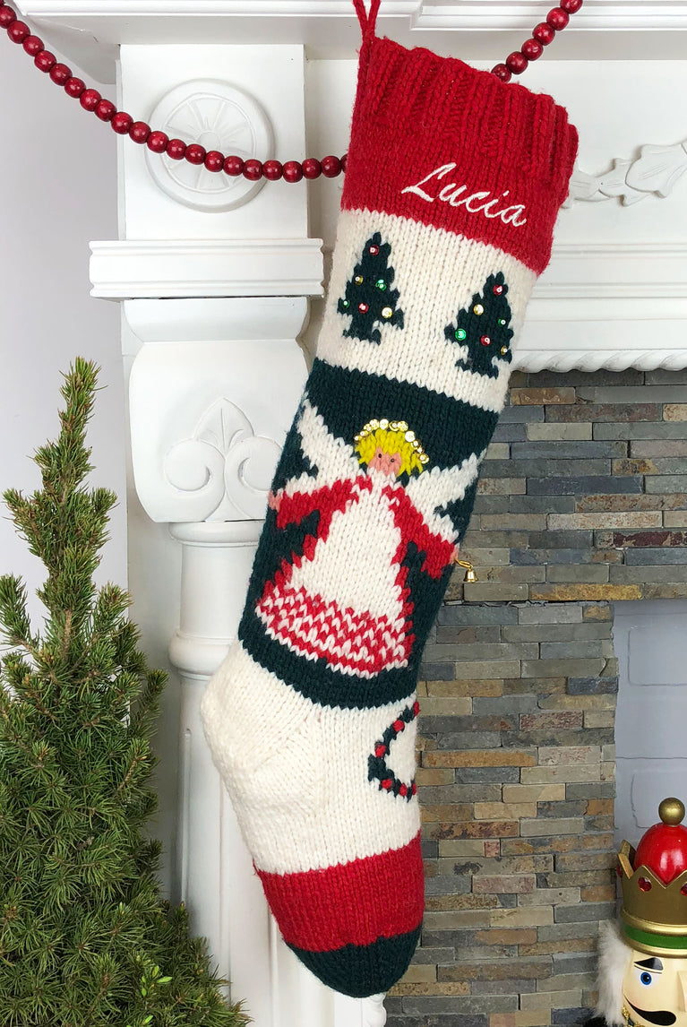 Personalized Knit Wool Christmas Stocking Classic Angel – Hand Knit Holiday