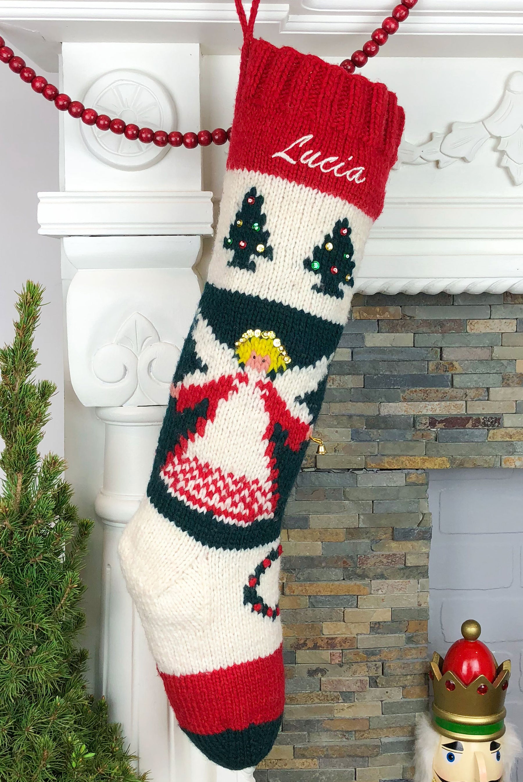 Personalized Knit Wool Christmas Stocking Classic Angel – Hand Knit Holiday