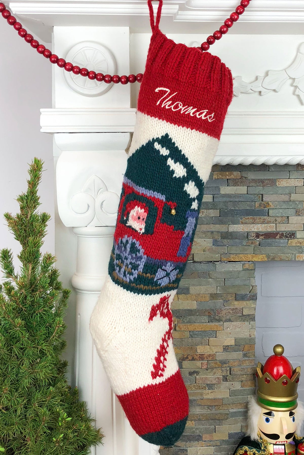 Personalized Knit Wool Christmas Stocking Santa Train – Hand Knit Holiday