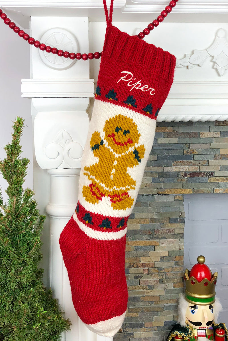 Personalized Gingerbread Girl Christmas Stocking – Hand Knit Holiday