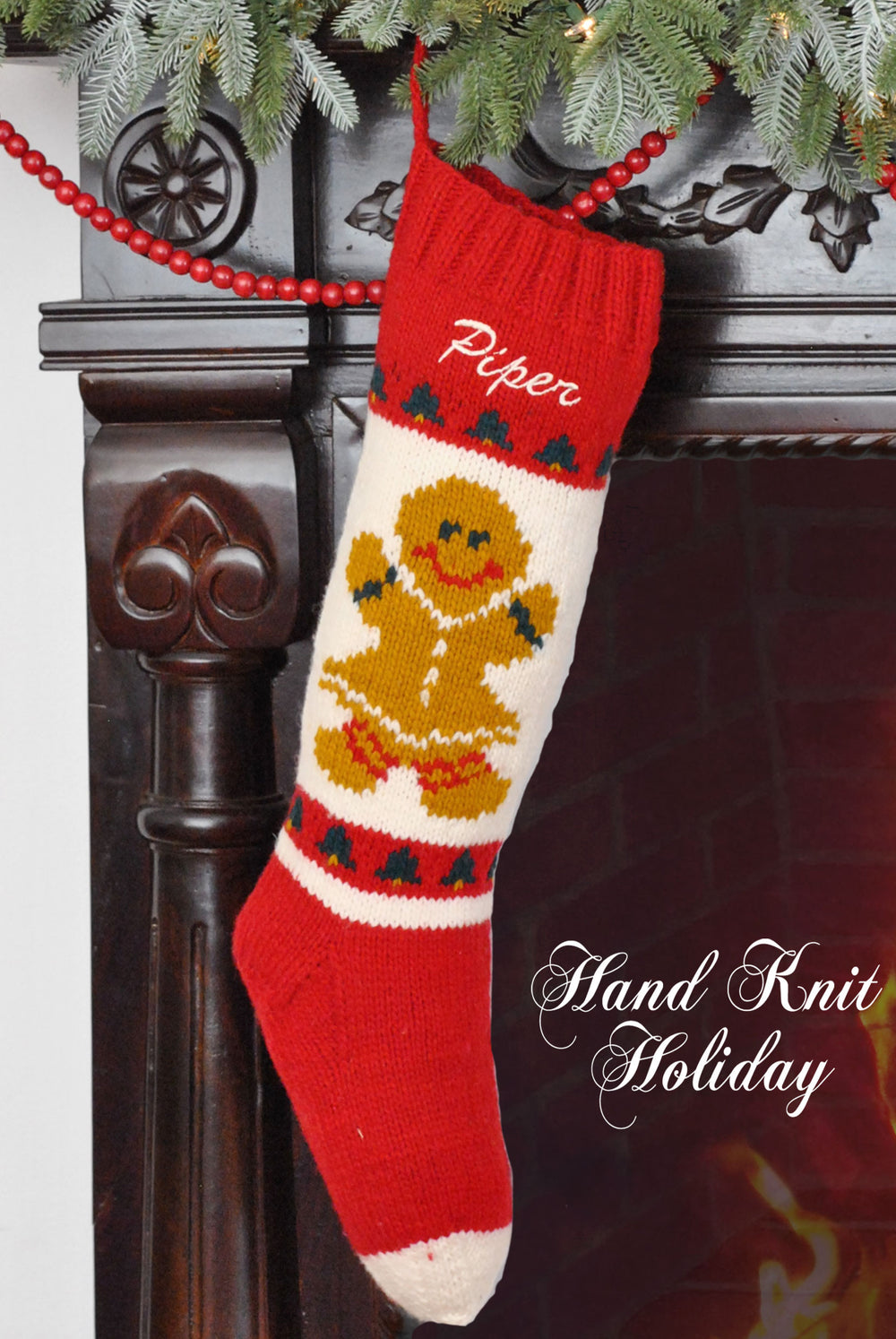 Personalized Gingerbread Girl Christmas Stocking – Hand Knit Holiday