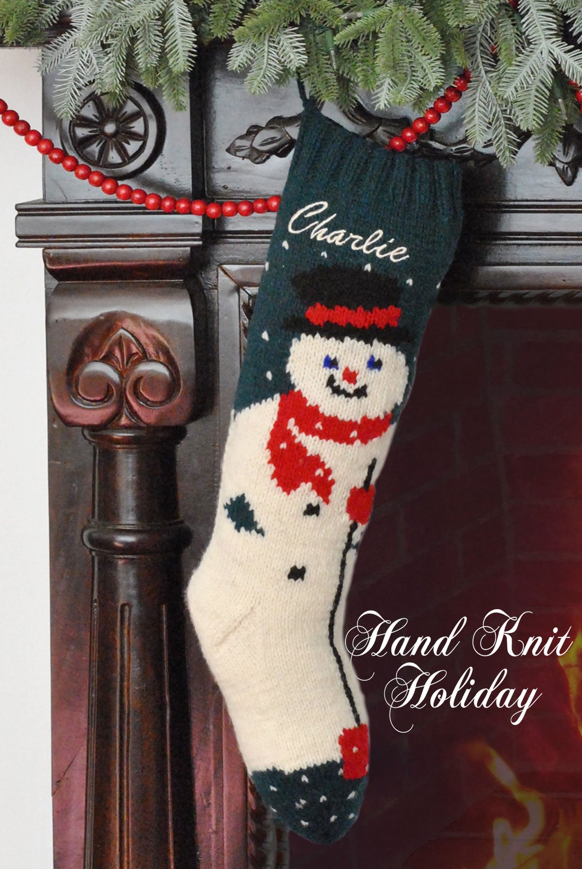 Personalized Knit Wool Christmas Stocking Green Snowman – Hand Knit Holiday
