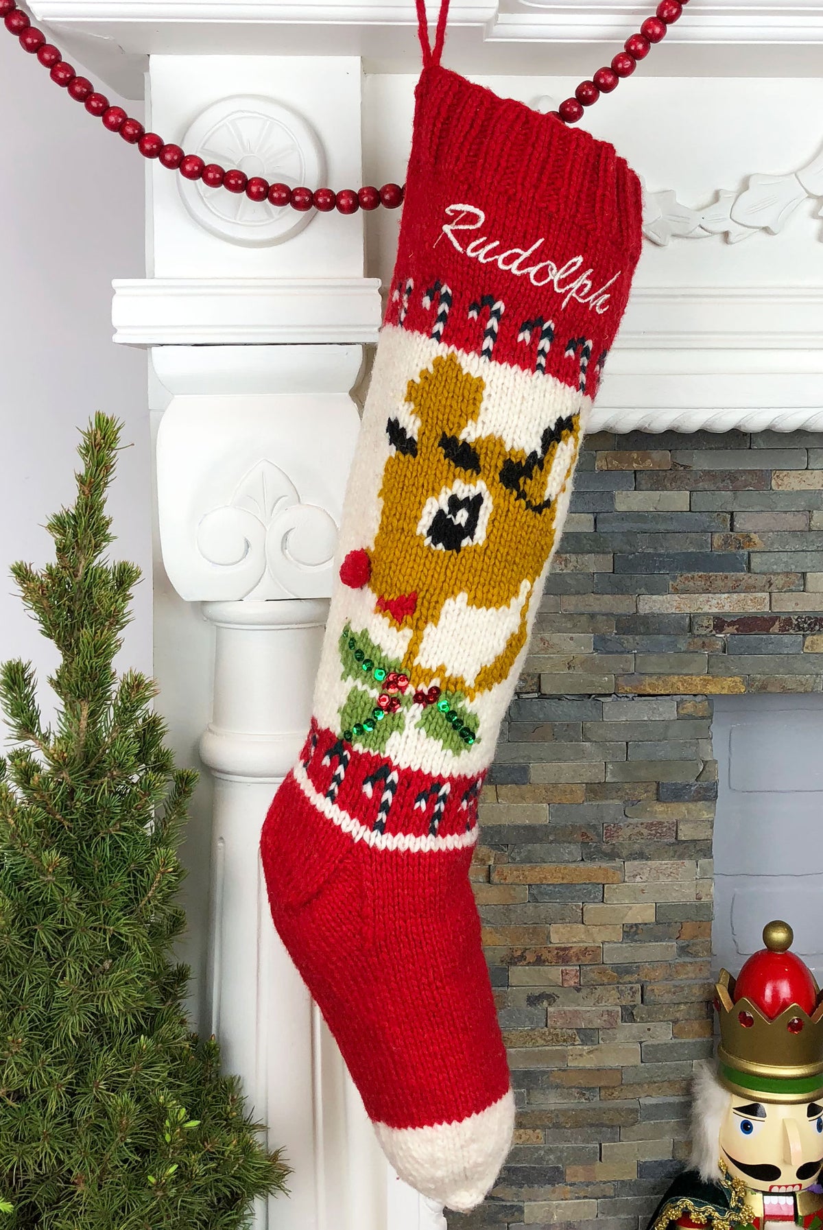 Personalized Reindeer Christmas Stocking | Hand Knit Holiday